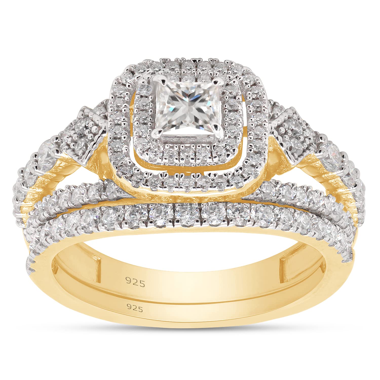 SAVEARTH DIAMONDS 1 1/10 Carat (ctw) Lab Created Moissanite & Lab Grown Diamond Halo Wedding Bridal Ring Set In 14K Yellow Gold Over 925 Sterling Silver (1.10 Ctw), Gift For Her Ring Size-9.5