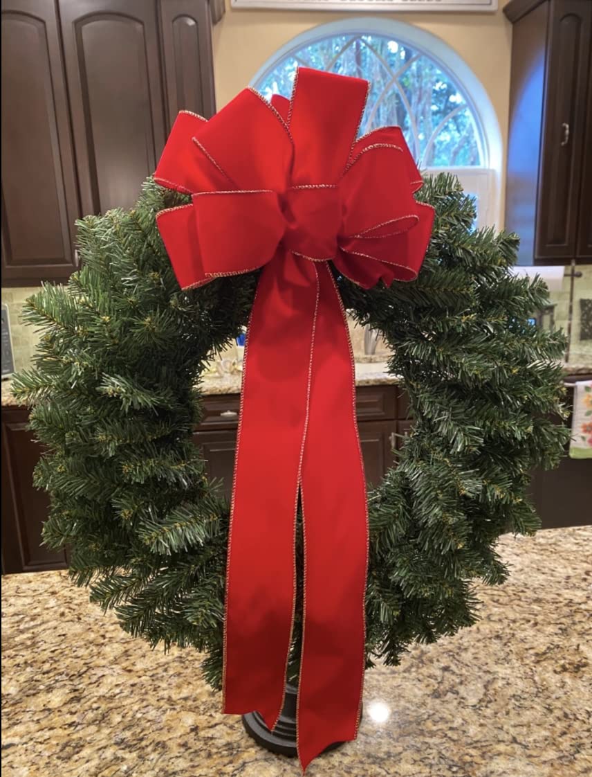 Rocky Mountain Goods 10” x 26” Christmas Red Bow with Gold Edges - Indoor/Outdoor Bow for Wreaths, Tree Topper, Door, Post (1)