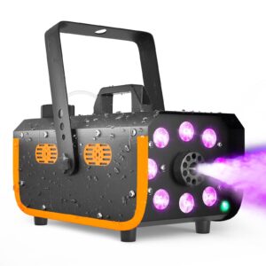 light rain and splash proof fog machine, hakuta 500w smoke machine with 2300 cfm output of fog and 2 remotes, 8 led lights with 4 light effects for outdoor music festival pool party wedding dj stage