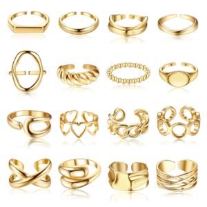 fibo steel 16pcs gold dome chunky rings for women 18k gold plated croissant braided twisted stacking round signet adjustable open rings set size 6-9