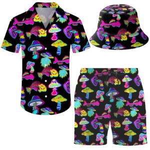 ifamawlea men's 2 piece mushroom fish hawaiian shirt shorts button down shirt and shorts sets with bucket hats large