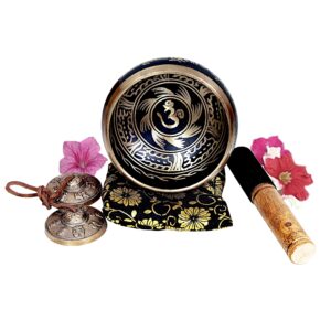 large 5 inch tibetan peace mind sound singing bowl tingsha cymbals set - with mallet and cushion, additional gifts inside - for yoga, meditation with brass mazira free