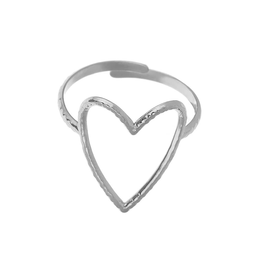 Beads & Pearls Jewelry 18K Gold Plated Stainless Steel Minimalist Trendy Large Open Heart Statement Adjustable Ring