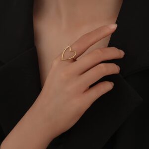 Beads & Pearls Jewelry 18K Gold Plated Stainless Steel Minimalist Trendy Large Open Heart Statement Adjustable Ring