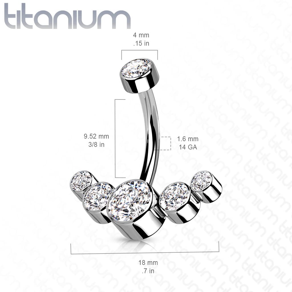 Dynamique Implant Grade Titanium Internally Threaded CZ Bezel Set Top With 5-CZ Set Curve Belly Button Ring (Sold Per Piece)