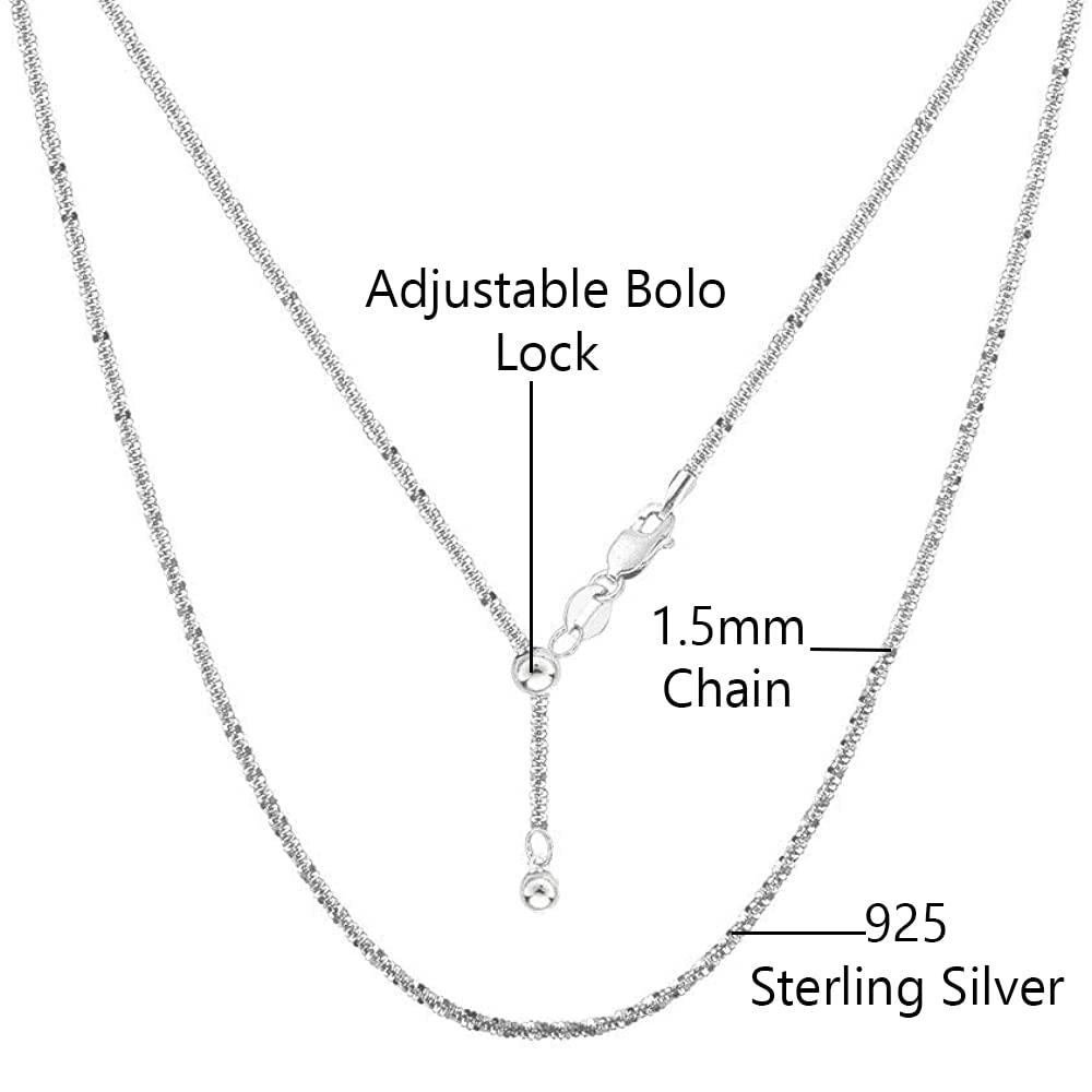 Savlano 925 Sterling Silver Solid 1.5MM Sparkle Crisscross Roc Adjustable Bolo 14-24 Inch Chain Necklace For Women - Made in Italy Comes With a Gift Box (White)