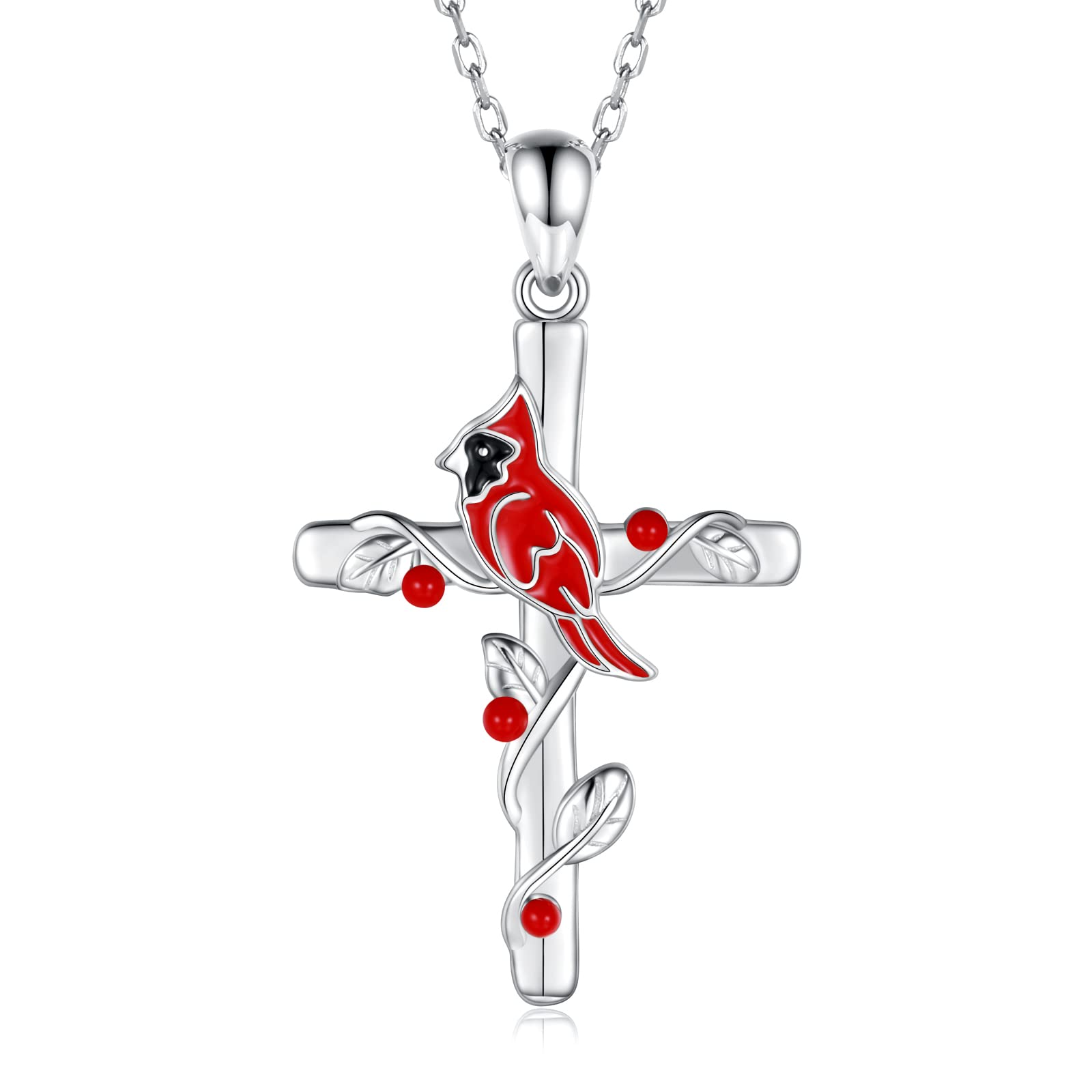 Sterling Silver Cardinal Cross Jewelry for Women: Red Bird Cardinal Cross Expandable Ring Pendant Necklace Memorial Jewelry Gift (Necklace)