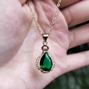 CXUEMH Emerald Necklace Y-shaped Necklace Gold Plated Copper Pear-Shaped Teardrop Necklace Heart Necklace Diamond Pendant Necklace with Rhinestone Inlaid Jewelry for Mom (Green C)