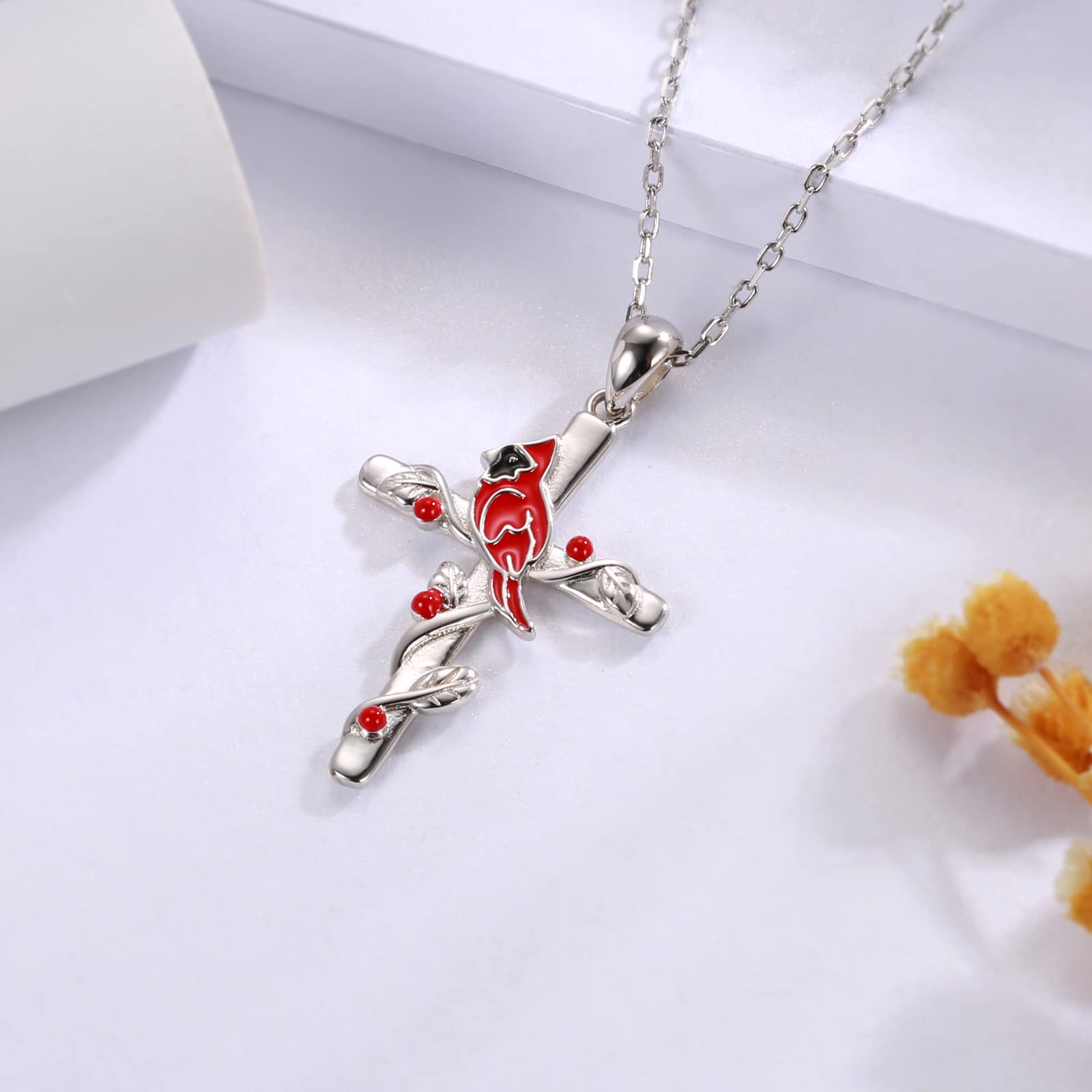 Sterling Silver Cardinal Cross Jewelry for Women: Red Bird Cardinal Cross Expandable Ring Pendant Necklace Memorial Jewelry Gift (Necklace)