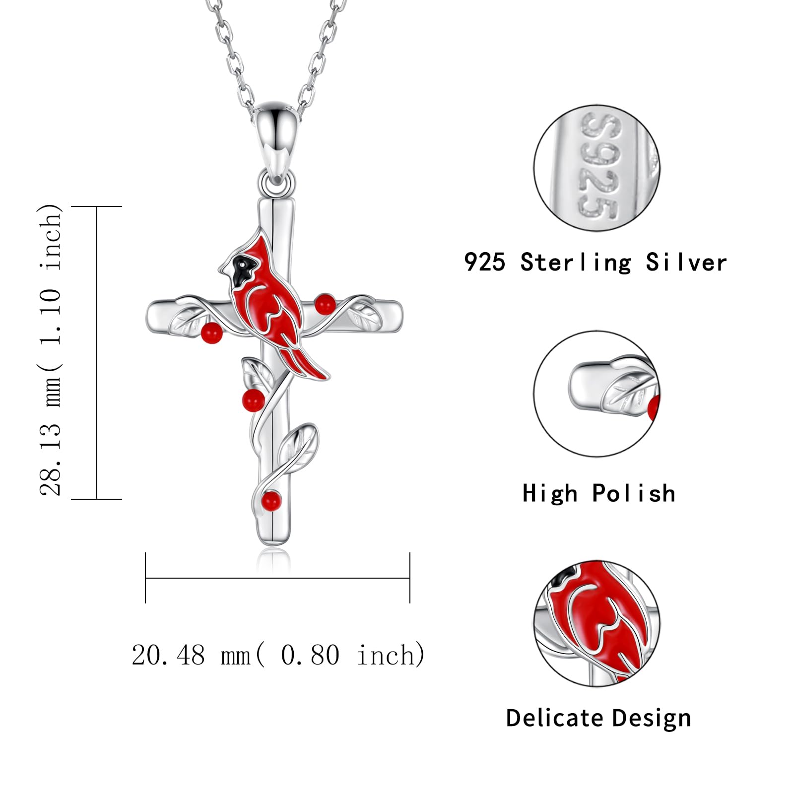 Sterling Silver Cardinal Cross Jewelry for Women: Red Bird Cardinal Cross Expandable Ring Pendant Necklace Memorial Jewelry Gift (Necklace)