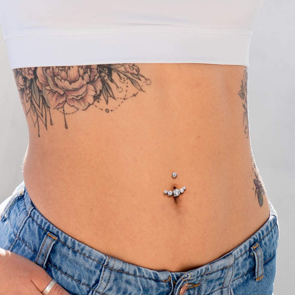 Dynamique Implant Grade Titanium Internally Threaded CZ Bezel Set Top With 5-CZ Set Curve Belly Button Ring (Sold Per Piece)