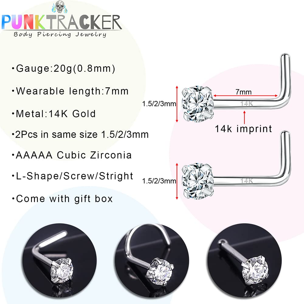 PunkTracker 20g 14K Real Gold Nose Rings CZ Simulated Diamond Nose Studs Hypoallergenic Nostril Nose Piercing Jewelry for Women Men