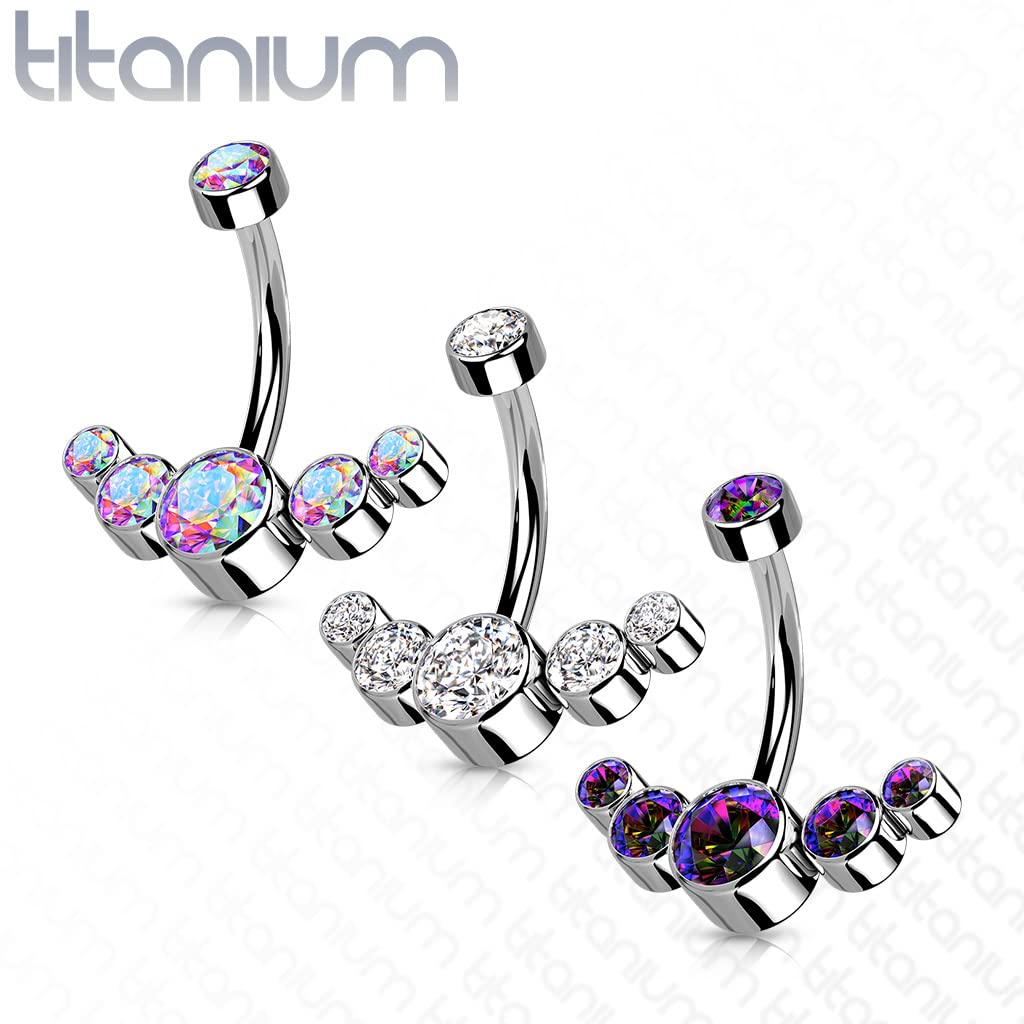 Dynamique Implant Grade Titanium Internally Threaded CZ Bezel Set Top With 5-CZ Set Curve Belly Button Ring (Sold Per Piece)