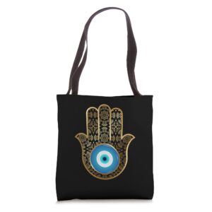 evil eye amulet hamsa hand mandala tote bag