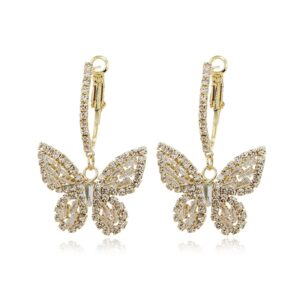 wasaie butterfly hoop dangling earrings for women,crystal rhinestone cz drop earrings for lady,gold plated cubic zirconia earrings for prom wedding brides