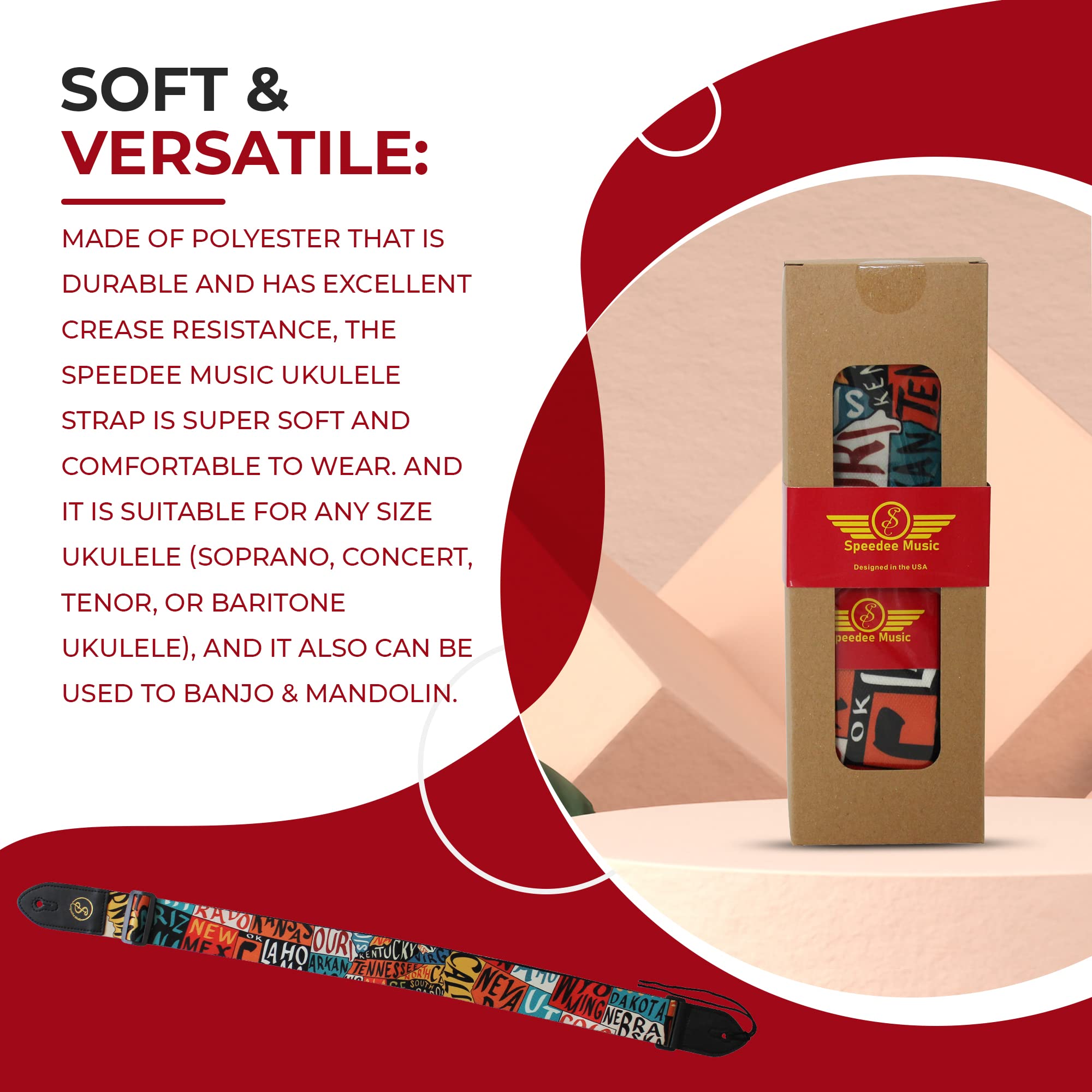 Speedee Music Embroidered Ukulele Strap Kit - 1 US Map Camo Design Ukulele Strap, 3 Guitar Picks, 1 Strap Button, 1 Pick Holder Orange Black Red Blue Yellow White