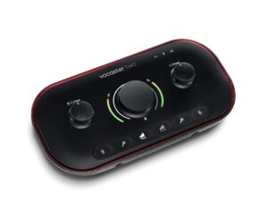 focusrite vocaster two — podcasting interface for recording host and guest. two mic inputs and two headphone outputs, with auto gain, enhance, and mute. small, lightweight, and powered by computer.