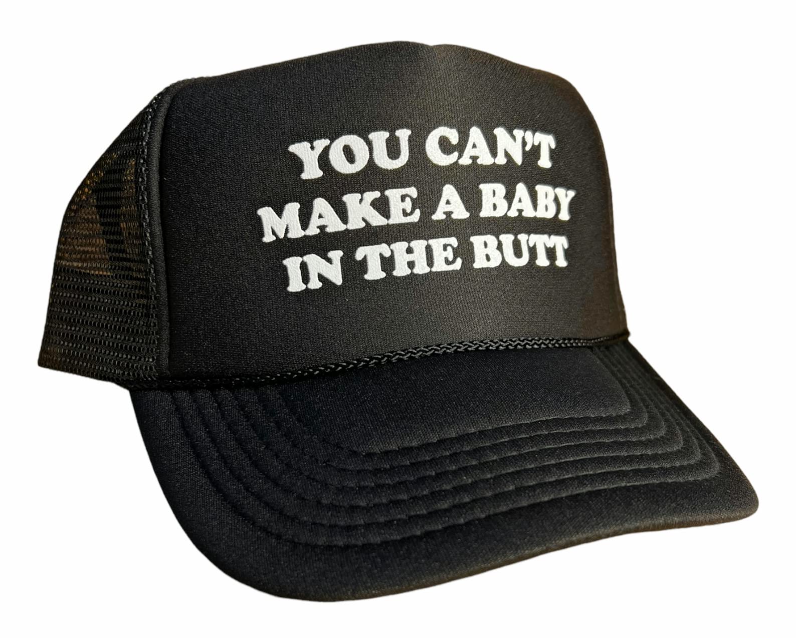 You Can't Make A Baby in The Butt Snapback Trucker Hat for Men or Women, Vintage Fit with Funny Novelty Graphic, Custom Mesh Cap Black