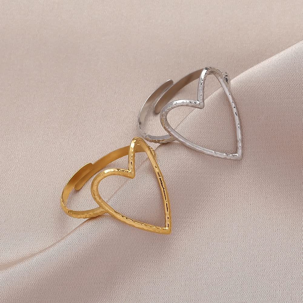 Beads & Pearls Jewelry 18K Gold Plated Stainless Steel Minimalist Trendy Large Open Heart Statement Adjustable Ring