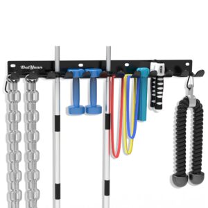 home gym storage rack - multi-purpose heavy duty gym rack organizer, wall mount barbell rack gym equipment hanger for olympic barbells, resistance bands, jump ropes, row handles, etc. (26", 12 hook)