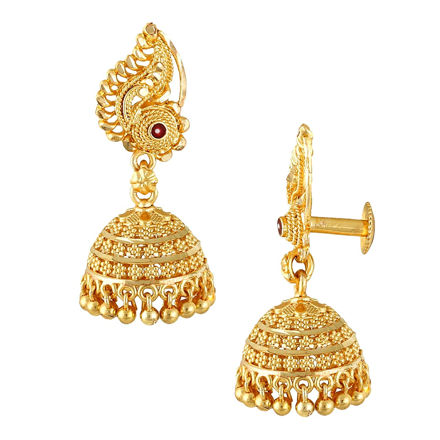 BBRATS Traditional Temple Jewellery 18k One Gram Gold Ethnic Brass Stylish South Indian Ghungroo Screw Back Studs Meenakari Peacock Ruby Jhumki Jhumkas Jhumka Earrings Set For Women girls -GOLD JHUMKI-M143