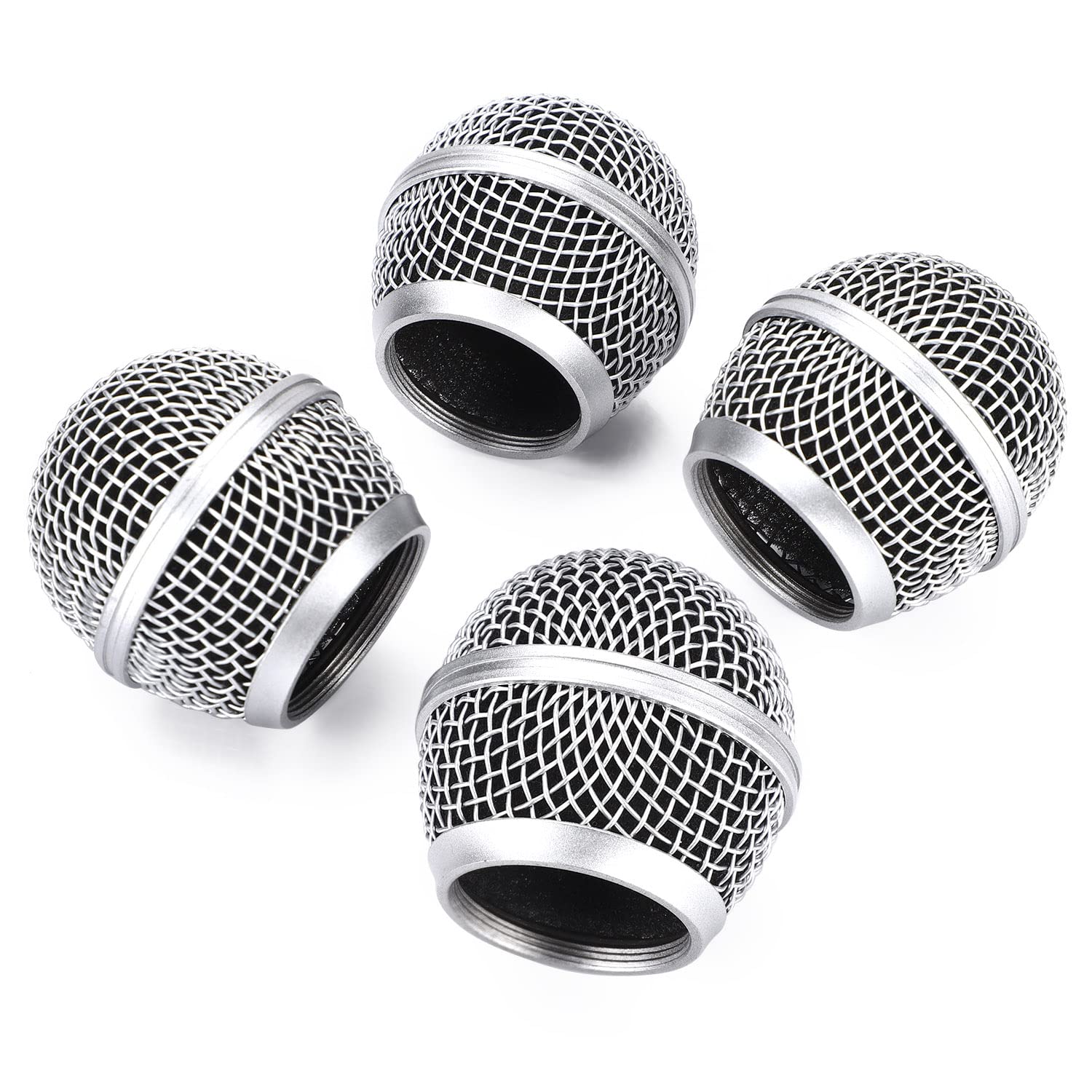 Facmogu 4PCS Microphone Head Replace, Grille Mic Replacement Ball Head, Microphone Grille Ball with Inner Foam, Steel Mesh Microphone Grille Heads, Grille Ball Type Fits for SM58 SM58S BETA58 - Silver