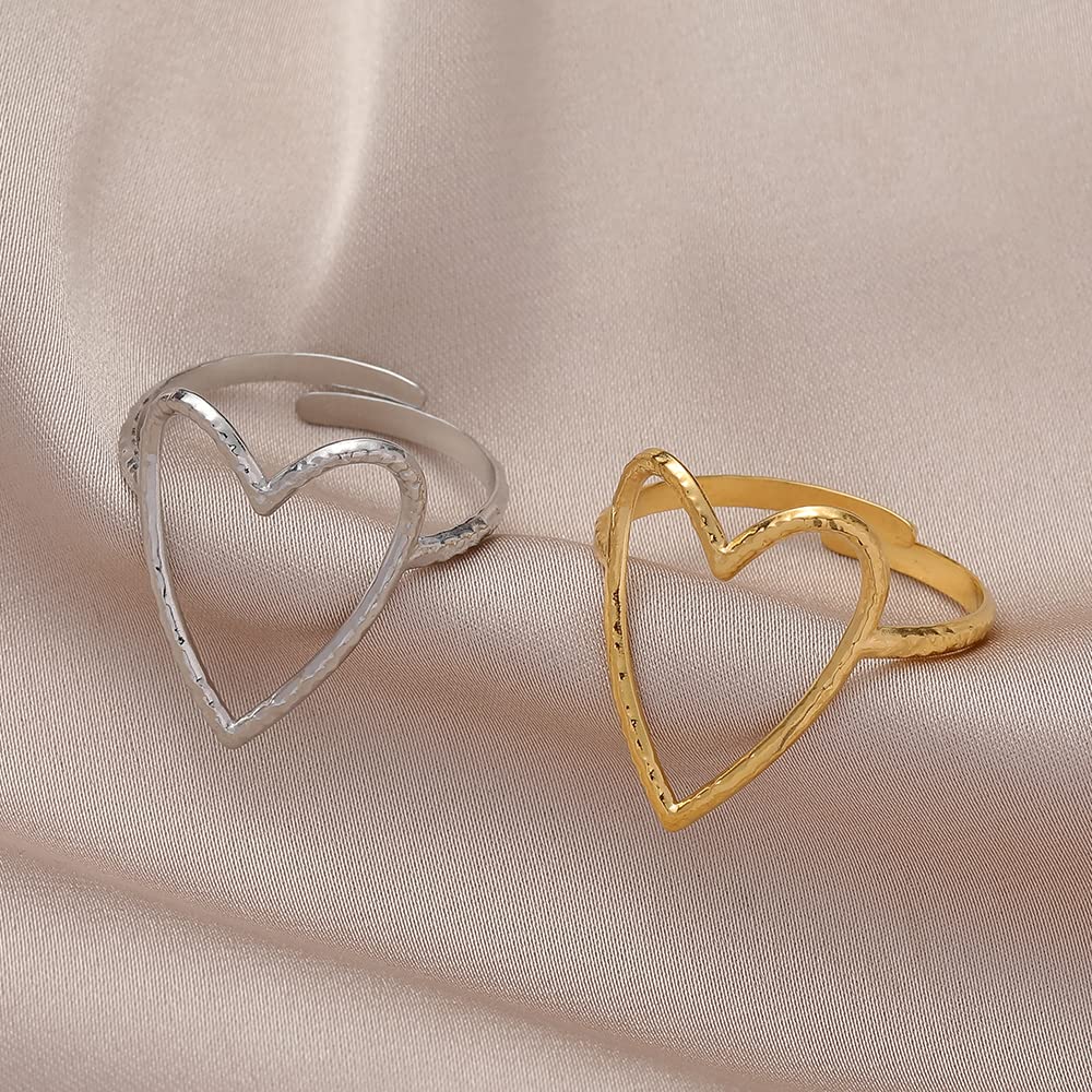 Beads & Pearls Jewelry 18K Gold Plated Stainless Steel Minimalist Trendy Large Open Heart Statement Adjustable Ring