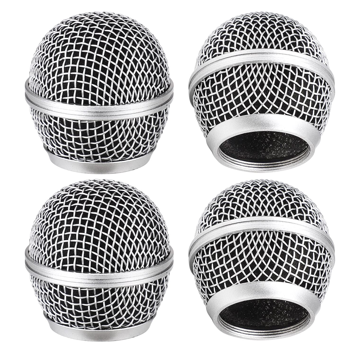 Facmogu 4PCS Microphone Head Replace, Grille Mic Replacement Ball Head, Microphone Grille Ball with Inner Foam, Steel Mesh Microphone Grille Heads, Grille Ball Type Fits for SM58 SM58S BETA58 - Silver