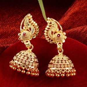 BBRATS Traditional Temple Jewellery 18k One Gram Gold Ethnic Brass Stylish South Indian Ghungroo Screw Back Studs Meenakari Peacock Ruby Jhumki Jhumkas Jhumka Earrings Set For Women girls -GOLD JHUMKI-M143