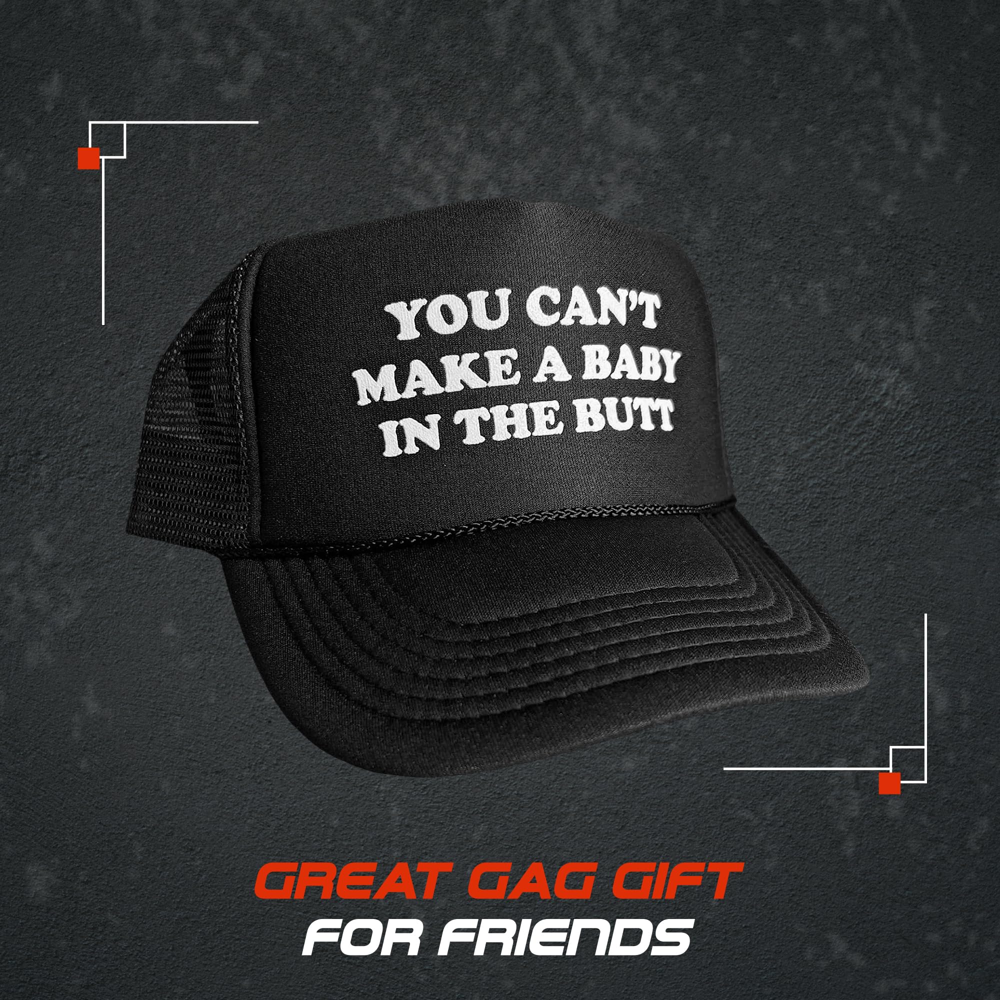 You Can't Make A Baby in The Butt Snapback Trucker Hat for Men or Women, Vintage Fit with Funny Novelty Graphic, Custom Mesh Cap Black