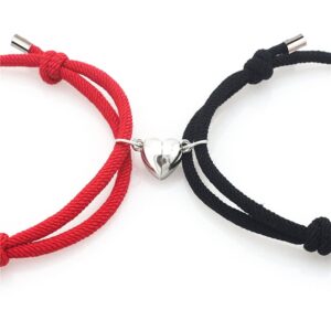 JczR.Y Matching Couples Bracelets Set Pulseras Para Parejas De Novios Attract Heart Couple Bracelet Mutual Attraction Wishing Heart Bracelet for Him And Her Women (black+red heart)