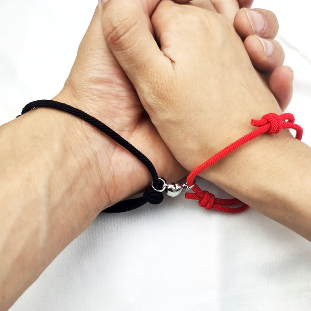 JczR.Y Matching Couples Bracelets Set Pulseras Para Parejas De Novios Attract Heart Couple Bracelet Mutual Attraction Wishing Heart Bracelet for Him And Her Women (black+red heart)