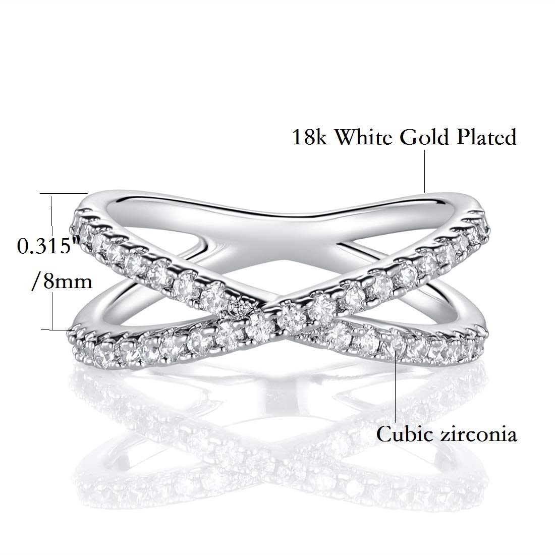 MDFUN 18K White Gold Plated Rhodium Cubic Zirconia Band Cross X Ring for Women Engagement Wedding (6.5)