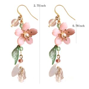 LAKIYOYO Pink Flower Dangle Earrings for Women Cute Pearl Leaf Sakura Leaf Earrings Fairy Statement Summer Refreshing Seaside Idyllic Holiday Earrings