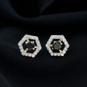 Certified Black Spinel and Diamond Geometrical Stud Earrings for Women | 1 Cttw | AAA Quality, 14K Yellow Gold