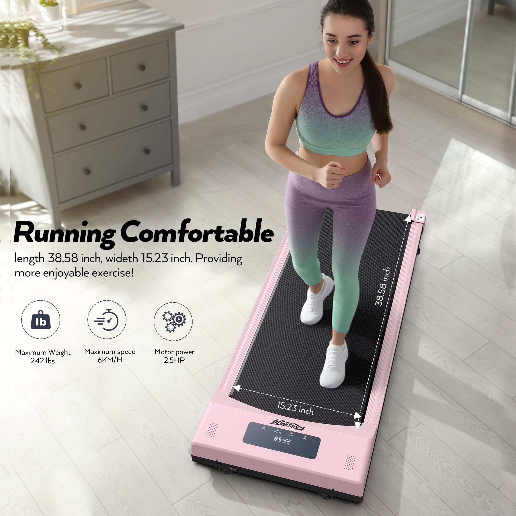 KRISRATE Pink Walking Pad Treadmill Under Desk, Desk Quiet, Flat Portable with LED Display and Remote Control, Installation-Free Treadmills for Home Office