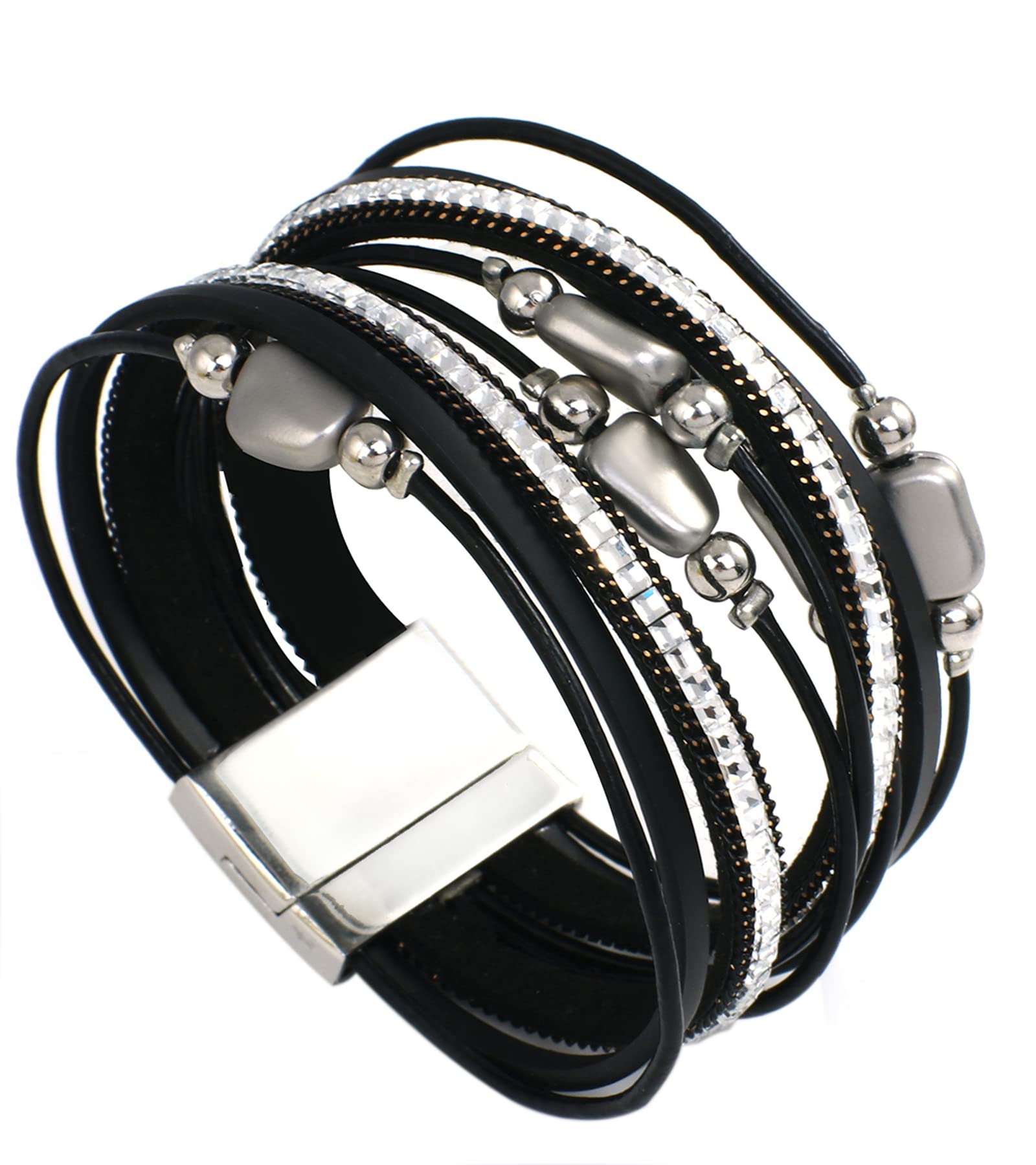 hotoo Beaded Leather Wrap Bracelet for Women Black Boho Handmade Bracelets Teen Girls Layered Cute Rhinestone Cuff