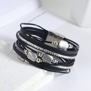 hotoo Beaded Leather Wrap Bracelet for Women Black Boho Handmade Bracelets Teen Girls Layered Cute Rhinestone Cuff