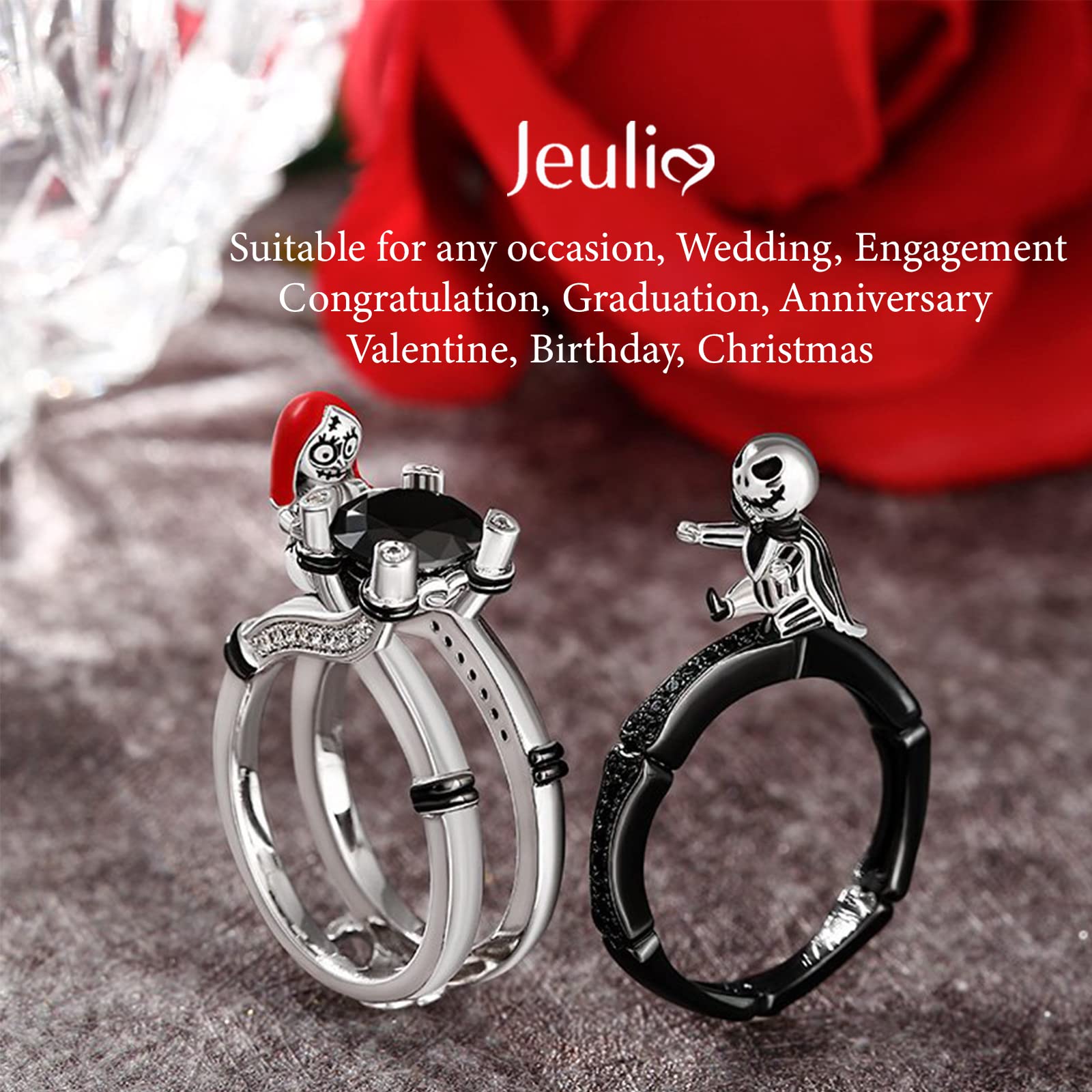 Jeulia Hug Me Magic of Love Skull Couple Round Cut Sterling Silver Ring for Women Wife Girlfriend Engagement Wedding Anniversary Christmas Birthday With Jewelry Box (Interchangeable, 6.5)