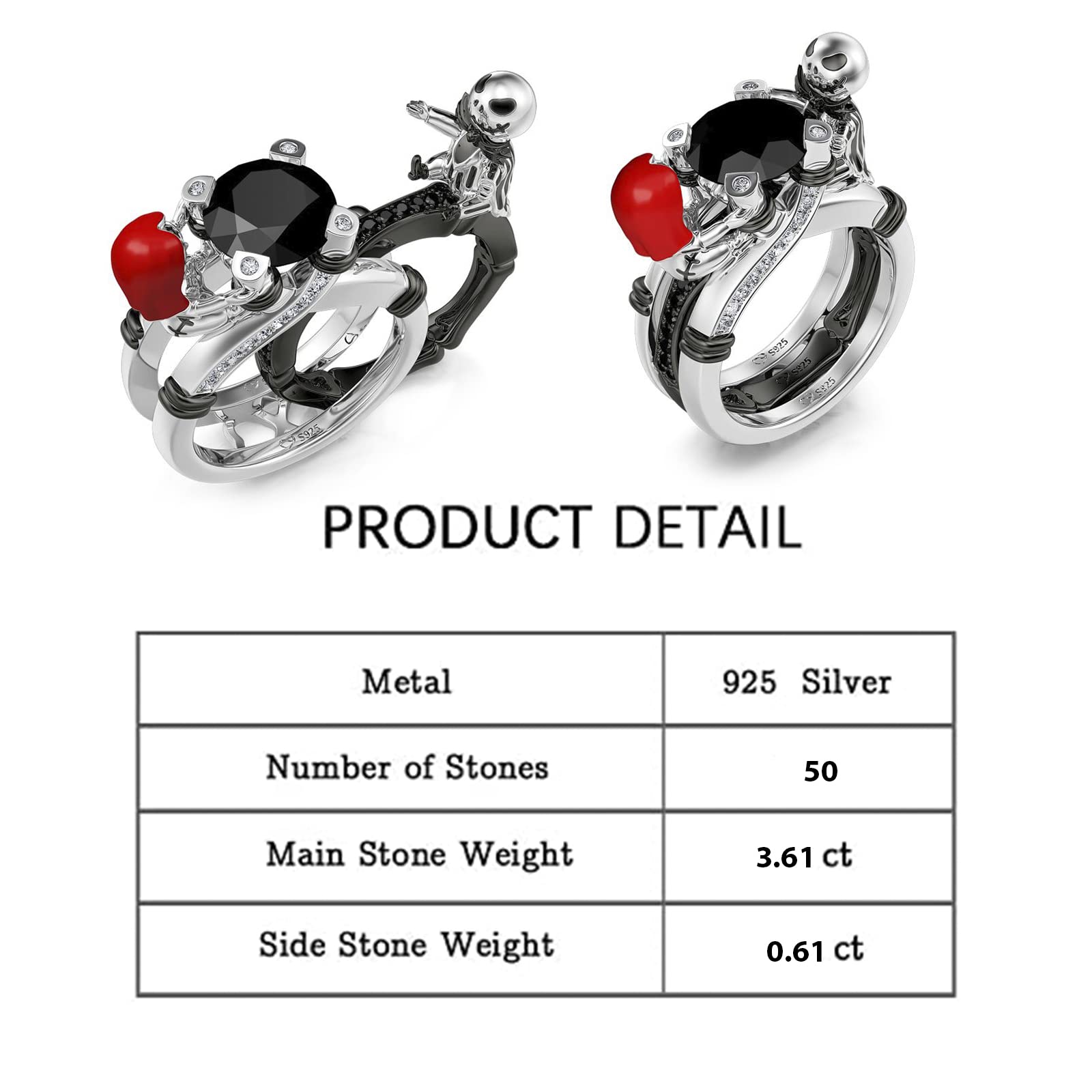 Jeulia Hug Me Magic of Love Skull Couple Round Cut Sterling Silver Ring for Women Wife Girlfriend Engagement Wedding Anniversary Christmas Birthday With Jewelry Box (Interchangeable, 6.5)