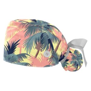 tropical palm coconut tree pattern working caps with buttons, long hair scrub hats ponytail holder for women