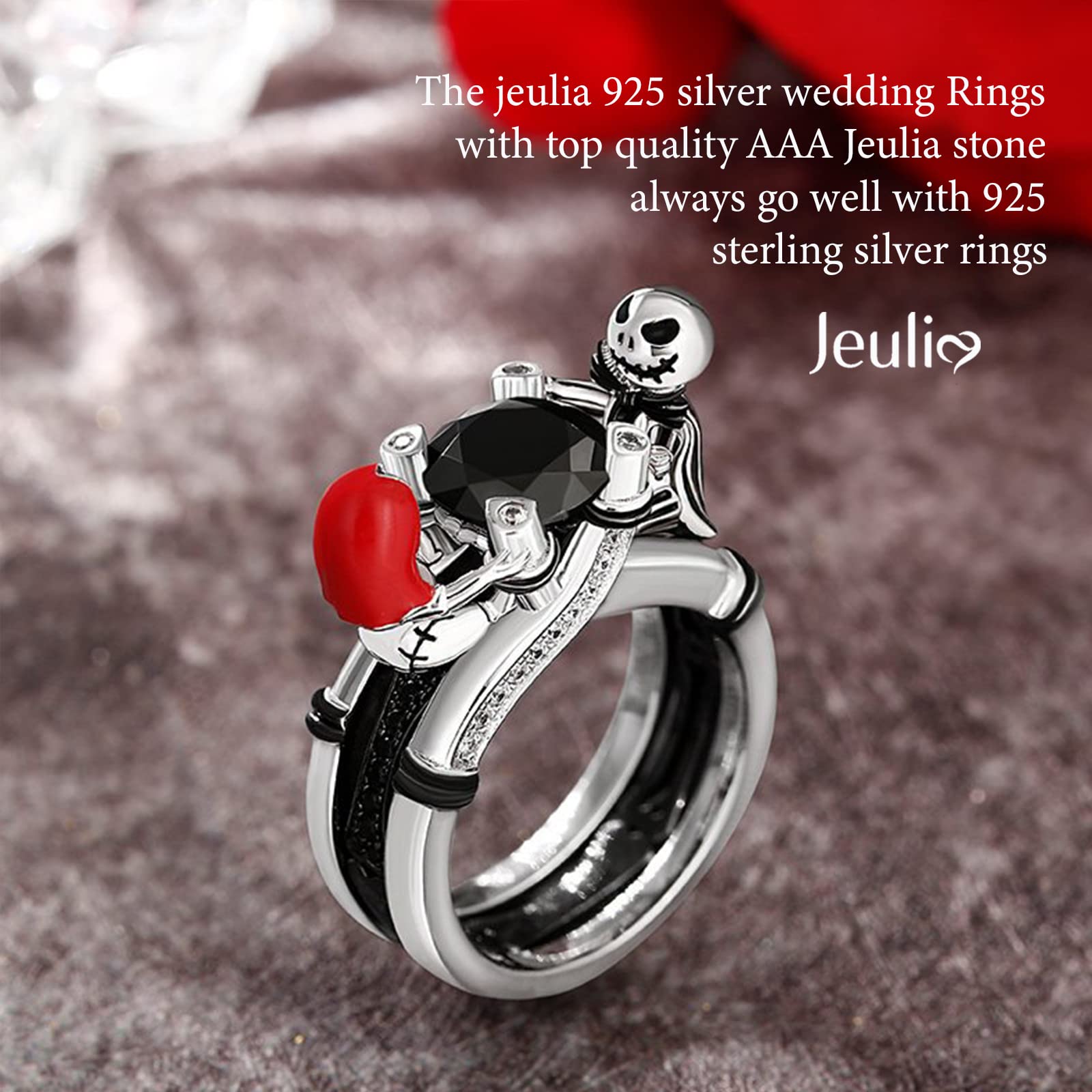 Jeulia Hug Me Magic of Love Skull Couple Round Cut Sterling Silver Ring for Women Wife Girlfriend Engagement Wedding Anniversary Christmas Birthday With Jewelry Box (Interchangeable, 6.5)