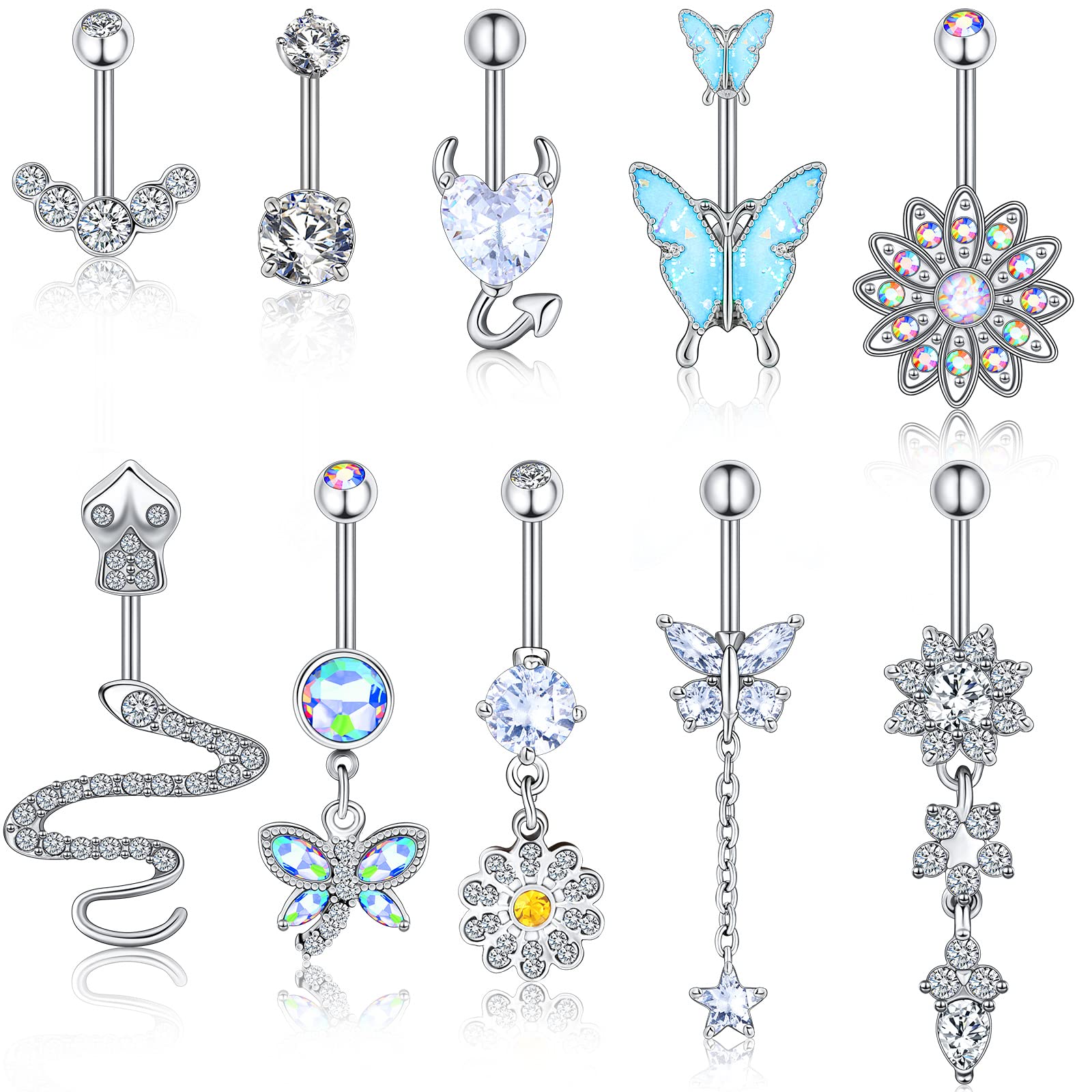 10 Pcs Dangle Belly Button Rings Piercing Belly Button Rings for Women Silver Heart Stainless Steel Curved Belly Rings Jewelry Dangling Cute Heart Butterfly Navel Rings Women's Body Piercing Barbells