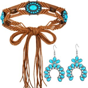 2 pcs turquoise braid waist belt bohemian style woven belt and turquoise jewelry western beaded dangle earrings for women (brown)