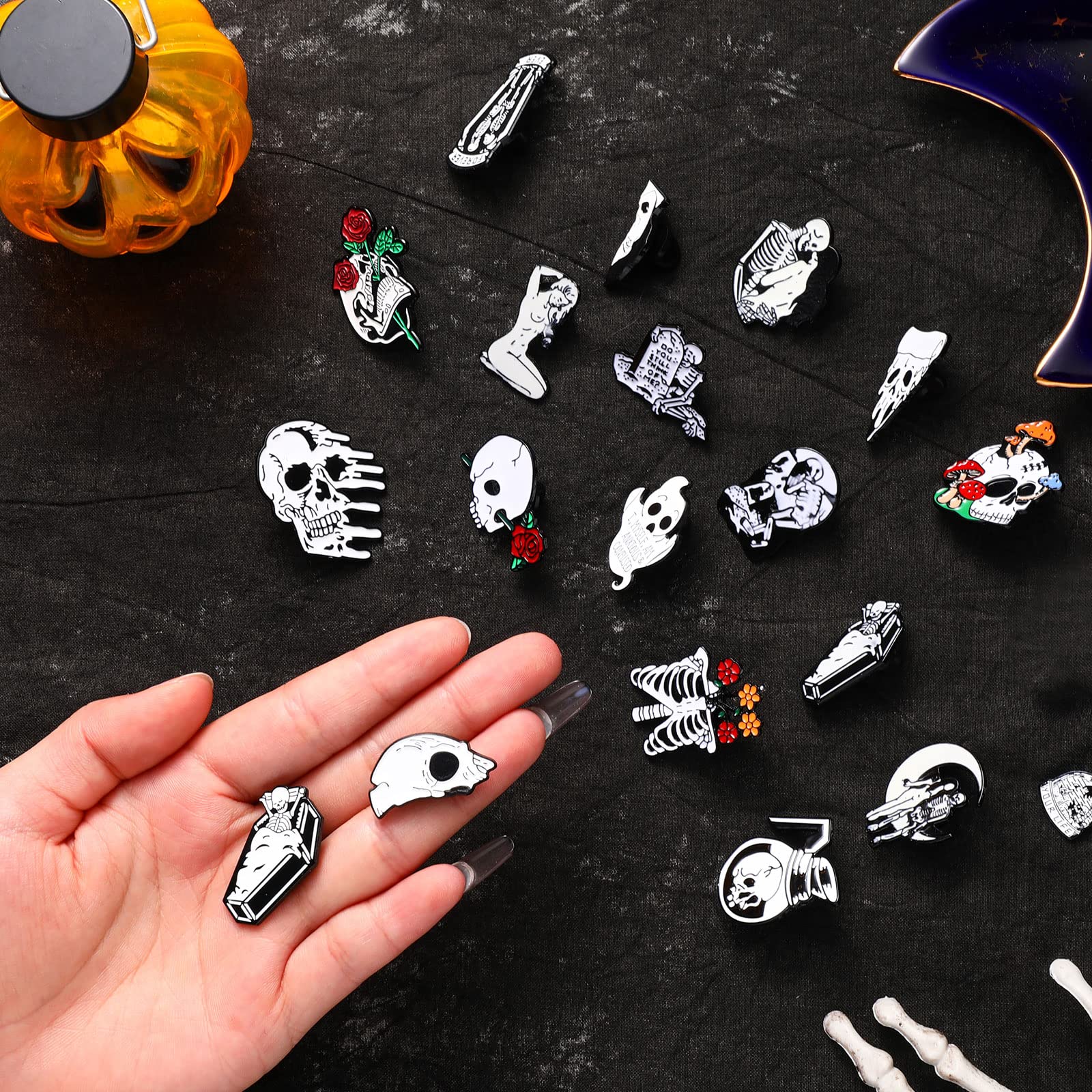 20 Pcs Goth Pin Skull Spooky Skeleton Pins Set Horror Goth Skull Flower Brooch Pins Cute Mini Lapel Pins for Christmas Gifts Women Men Bag Jacket Backpack Hat Pant Clothes Accessories (Skeleton)