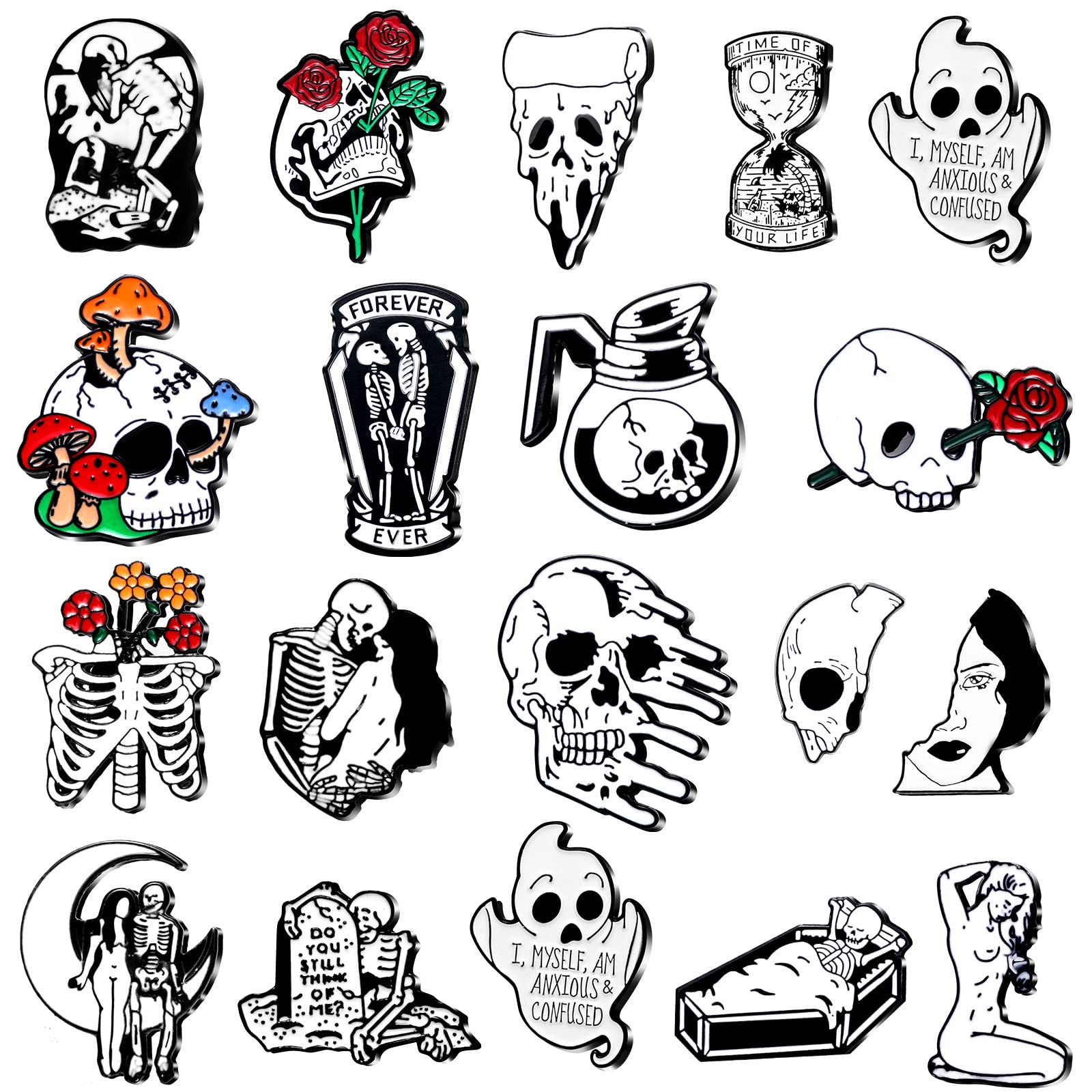 20 Pcs Goth Pin Skull Spooky Skeleton Pins Set Horror Goth Skull Flower Brooch Pins Cute Mini Lapel Pins for Christmas Gifts Women Men Bag Jacket Backpack Hat Pant Clothes Accessories (Skeleton)