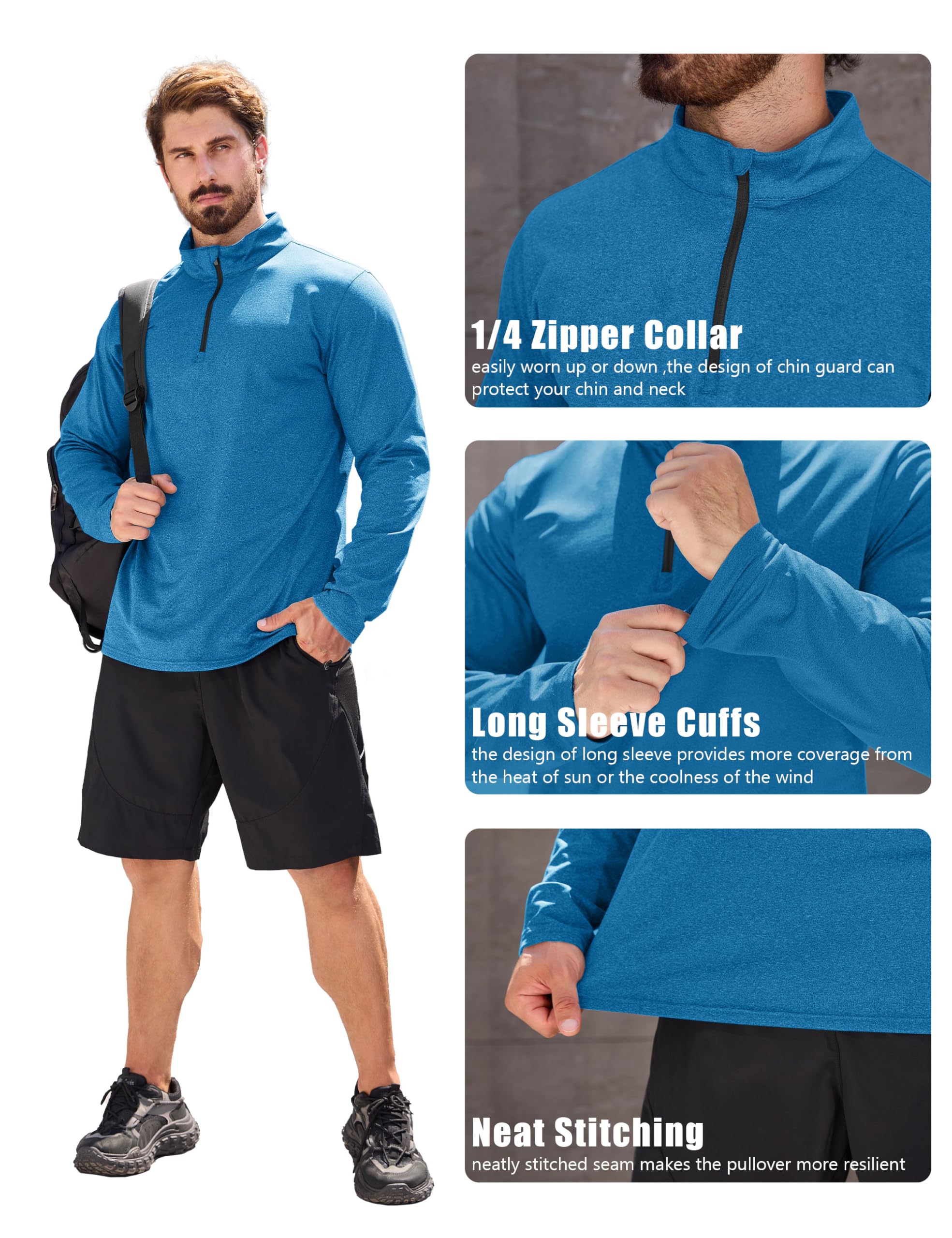 MAGCOMSEN 1/4 Zip Golf Pullover for Men Running Workout Pullover Lightweight Hiking Shirts Fleece Pullover Sea Blue,S