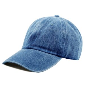 the hat depot dad hat unisex blank washed low profile cotton and denim plain baseball cap hat (blue denim)