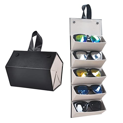 YANLAEH Travel Sunglasses Organizer Case 5 Slot Foldable Leather Multiple Eyeglasses Storage Holder Stand Hard Shell (Black)