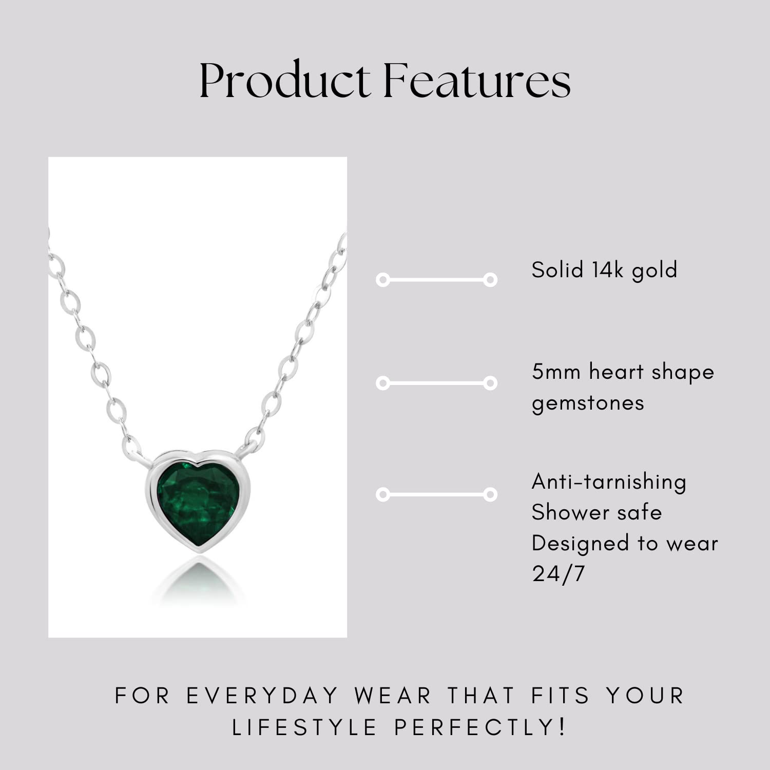 MAX + STONE Solid 14k White Gold Created Green Emerald Bezel Set Heart Pendant Necklace for Women with Spring Ring Clasp 5mm February Birthstone Necklace